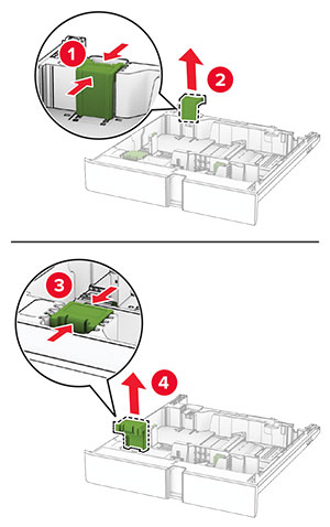 Replacing the size guides in the optional 550‑sheet tray | Lexmark XC9655
